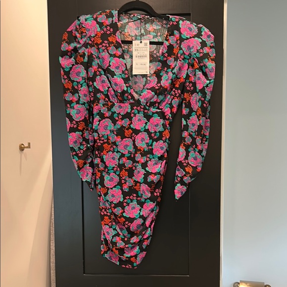 Zara | Dresses | Zara Pink And Blue Puff Sleeve Bodycon Dress | Poshmark